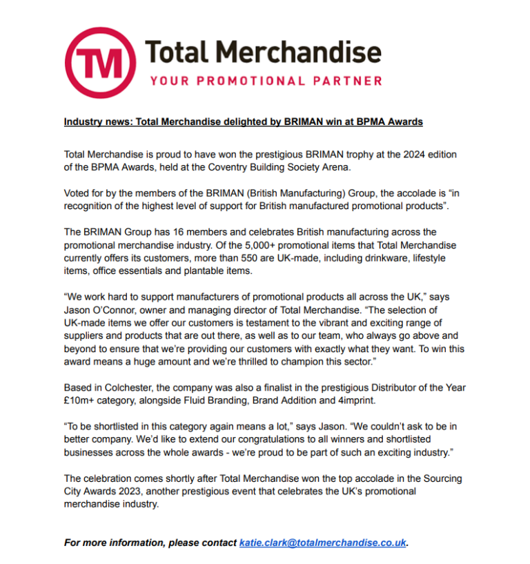 Total Merchandise Delighted by BRIMAN Win at BPMA Awards - Sourcing ...